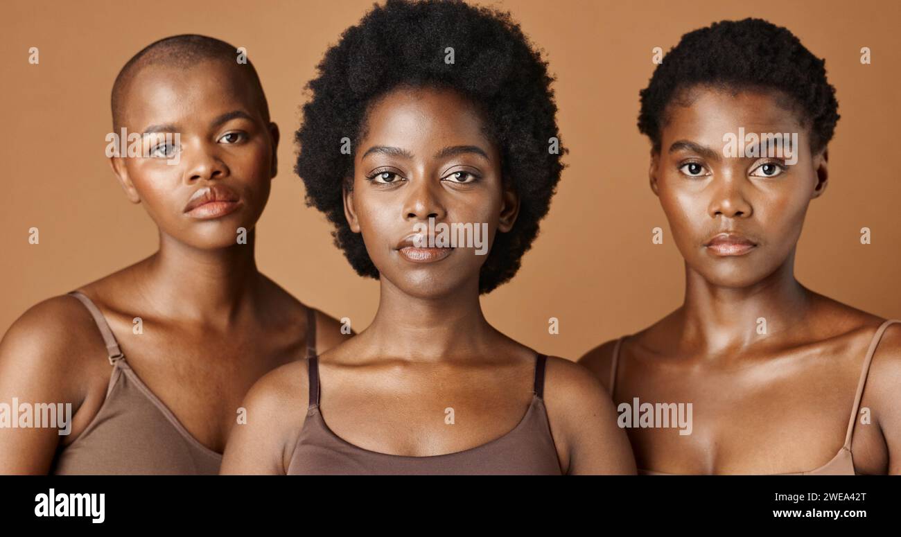 Wellness, face or African models with beauty, glowing skin or afro ...