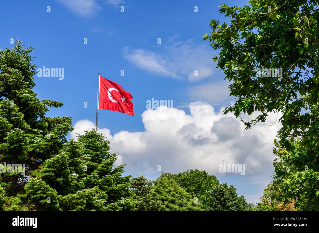 Turkish flag waving in the wind against a blue sky with clouds ...