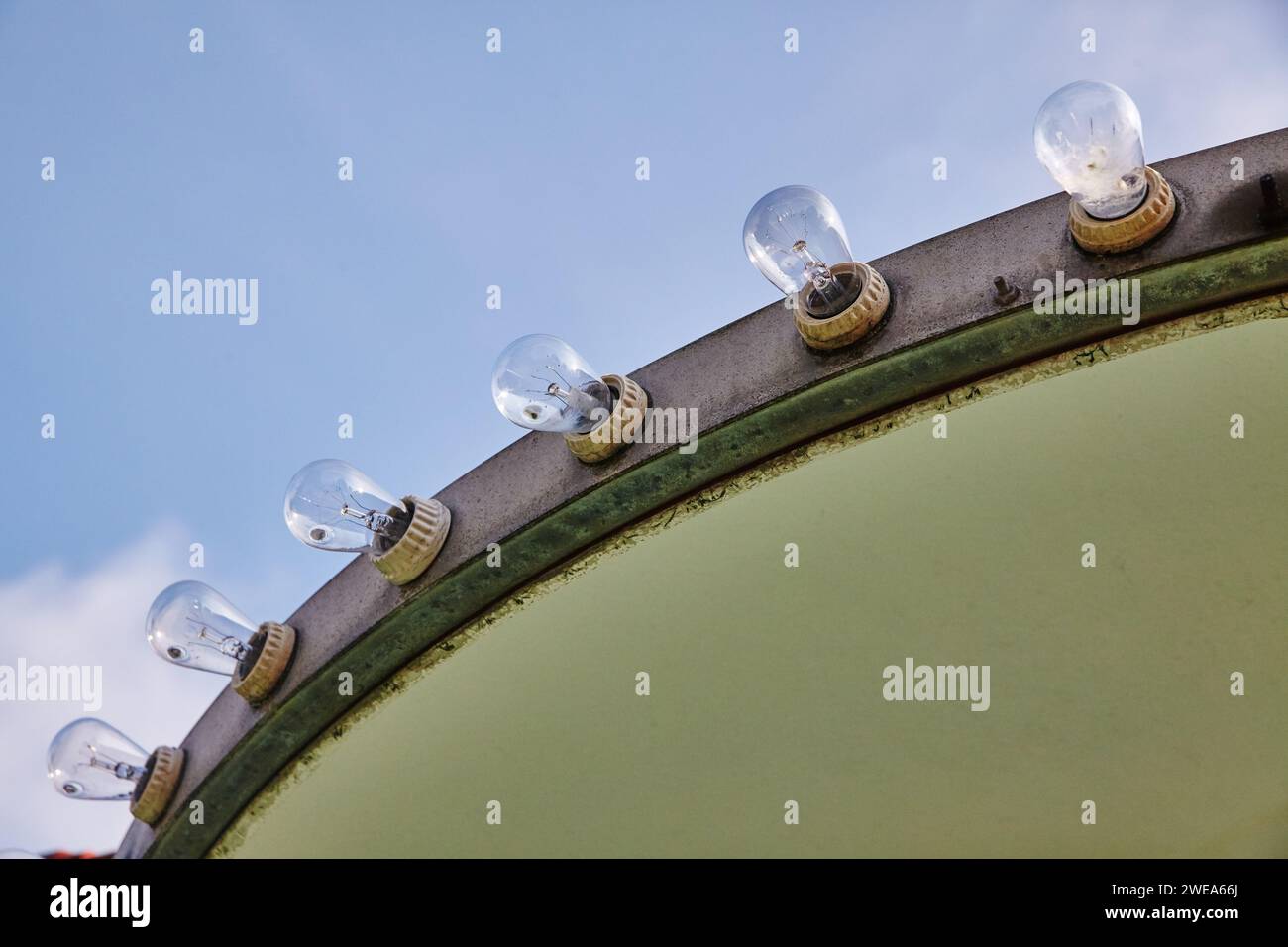 Vintage Marquee Light Bulbs Against Blue Sky, Retro Sign Detail Stock ...