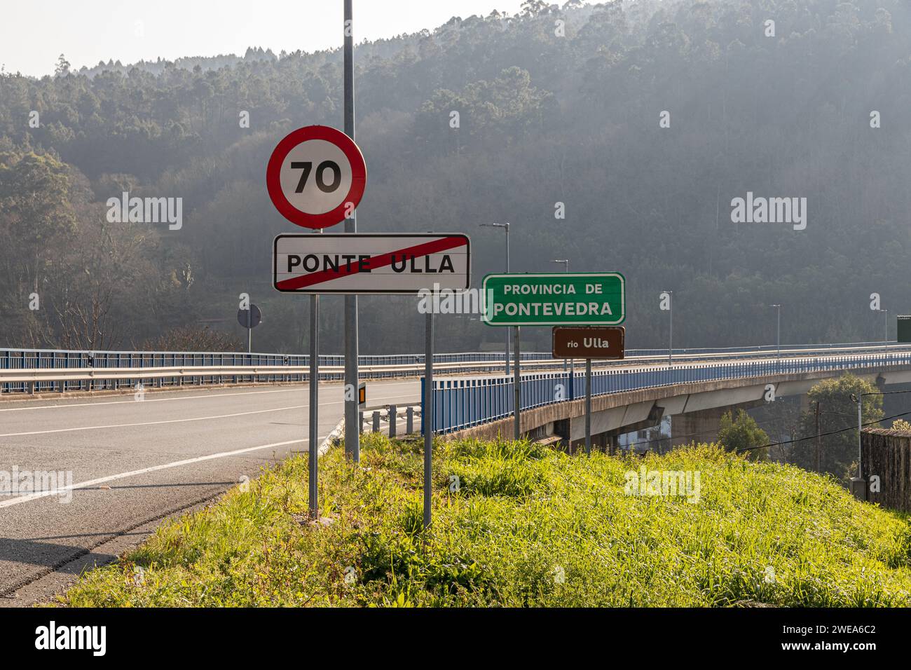 A Ponte Ulla, Spain. Road sign indicating directions to the Province of ...