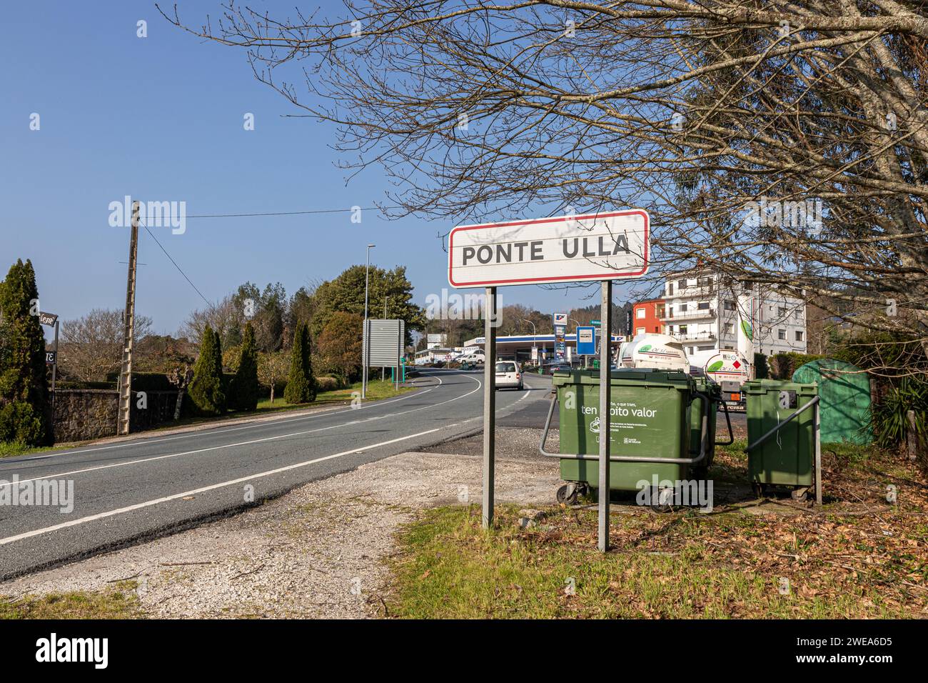A Ponte Ulla, Spain. Road sign indicating directions to the village of ...