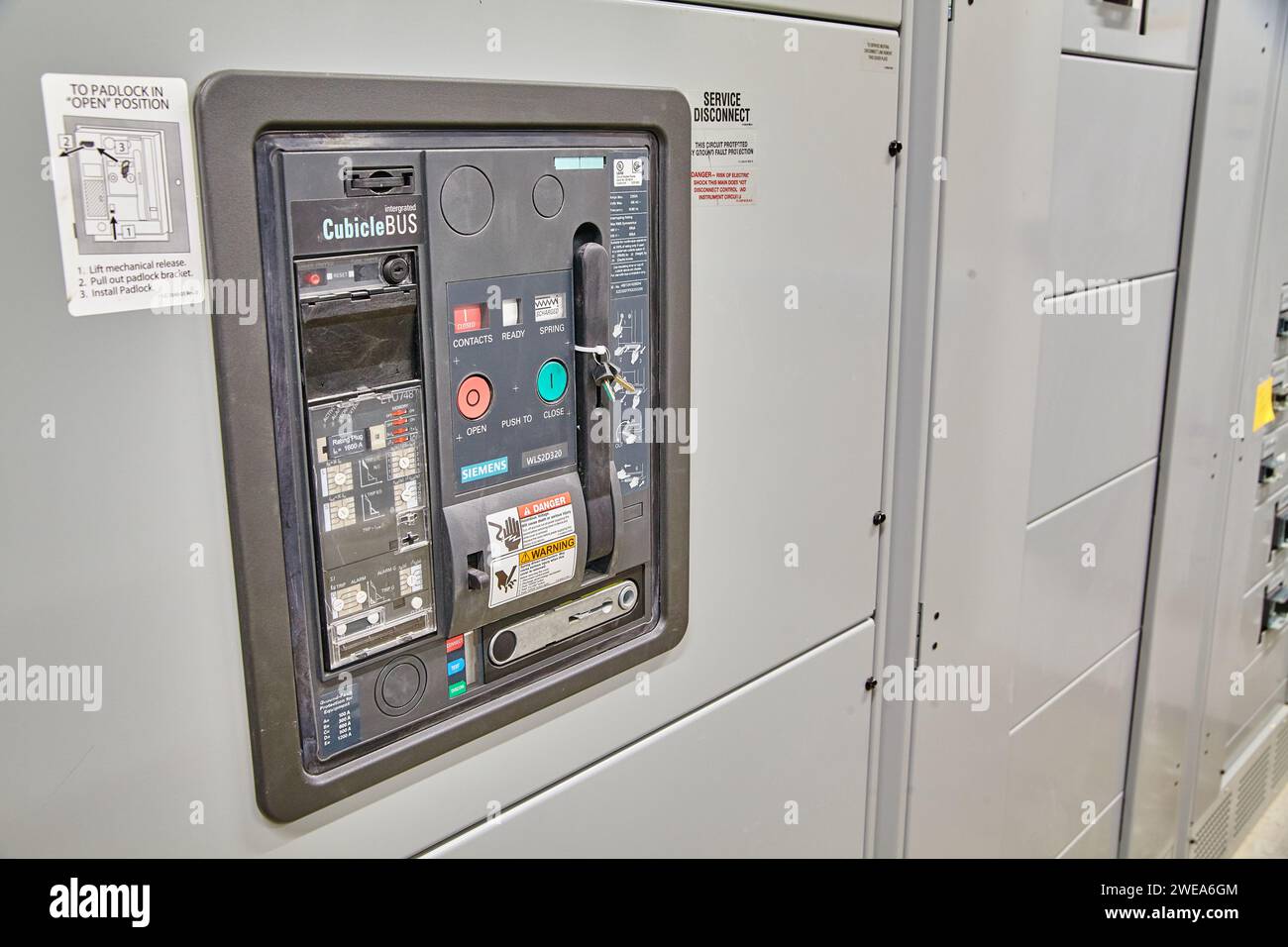 Industrial Circuit Breaker Controls and Safety Labels - Close-Up View ...