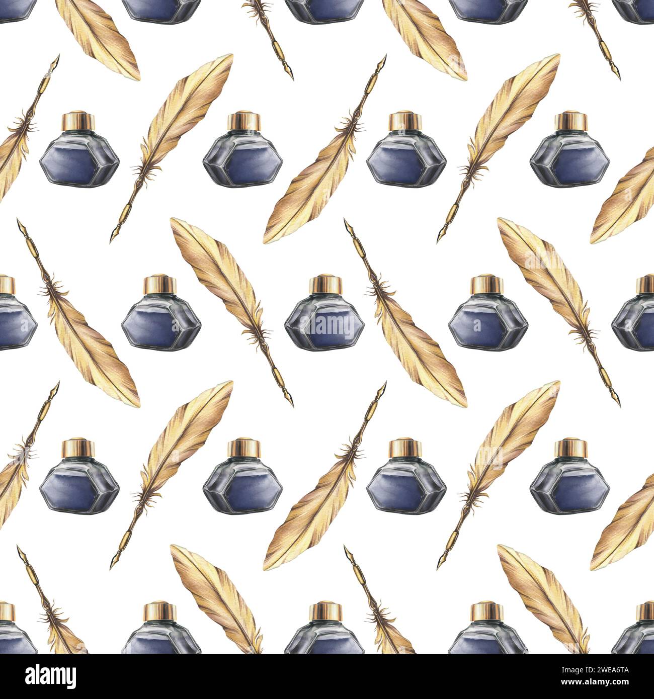 Writing supplies: gold pen, ink in a glass jar. Hand drawn watercolor ...