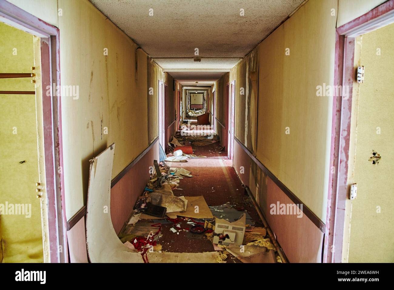Desolate Hotel Corridor with Debris, Abandoned Days Inn, Ohio ...