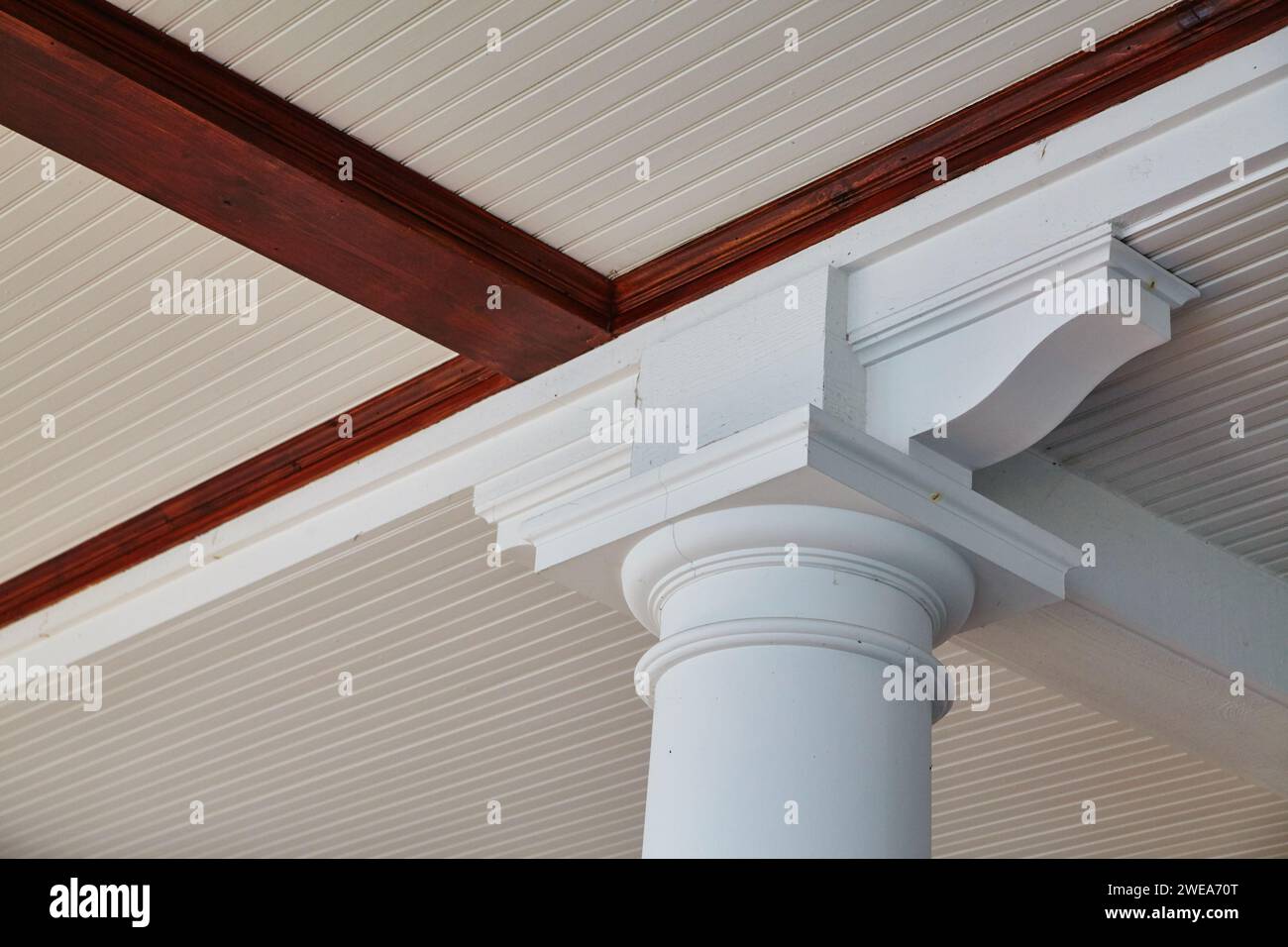 Neoclassical Column Detail and Wooden Beams, Eye-Level View Stock Photo ...
