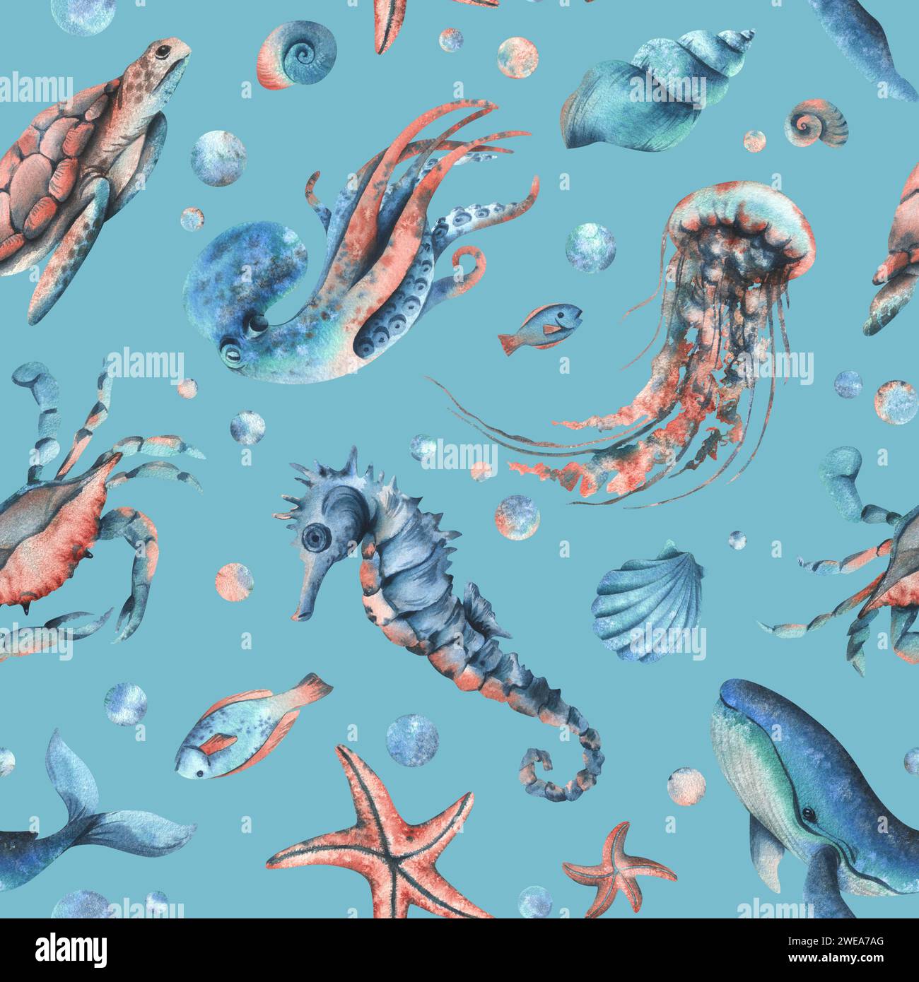 Underwater world clipart with sea animals whale, turtle, octopus ...