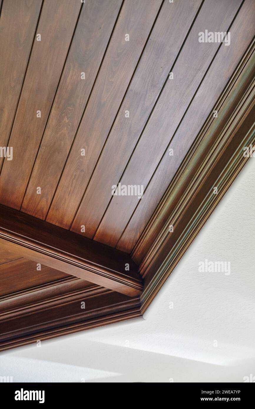 Luxurious Wooden Ceiling and Elegant White Wall Design, Diagonal View ...