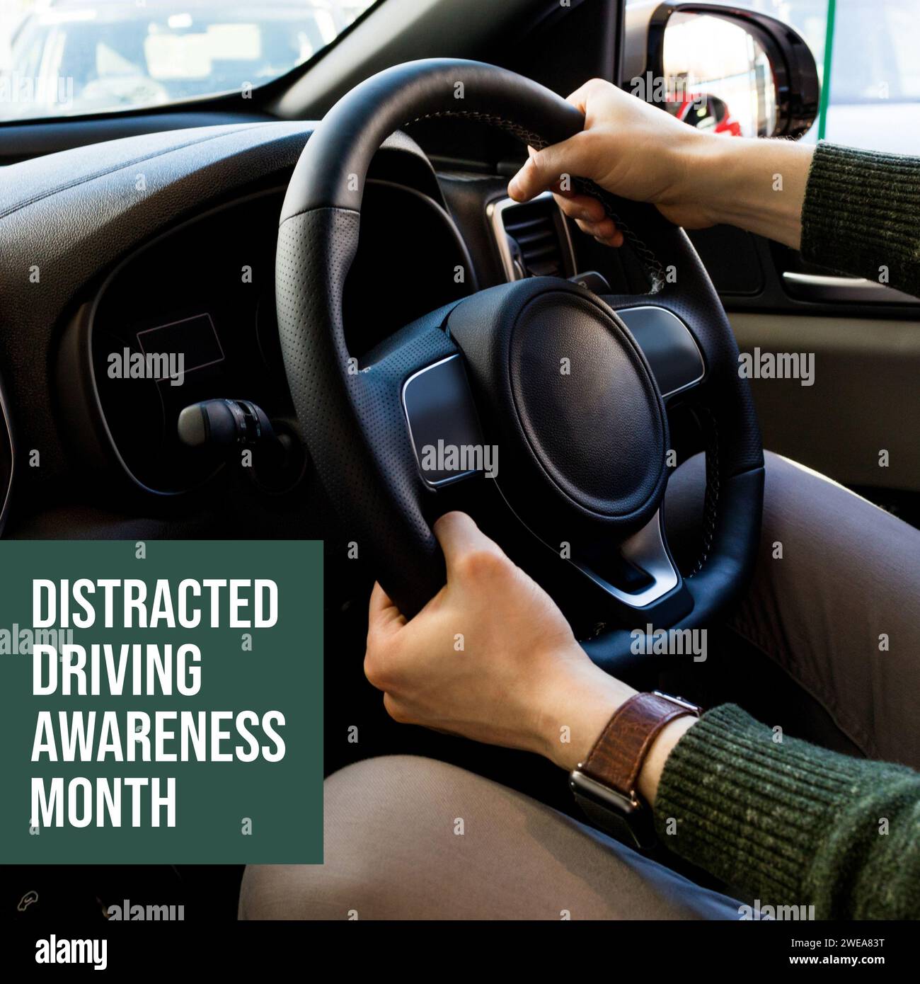 Composition of distracted driving awareness month text over caucasian ...