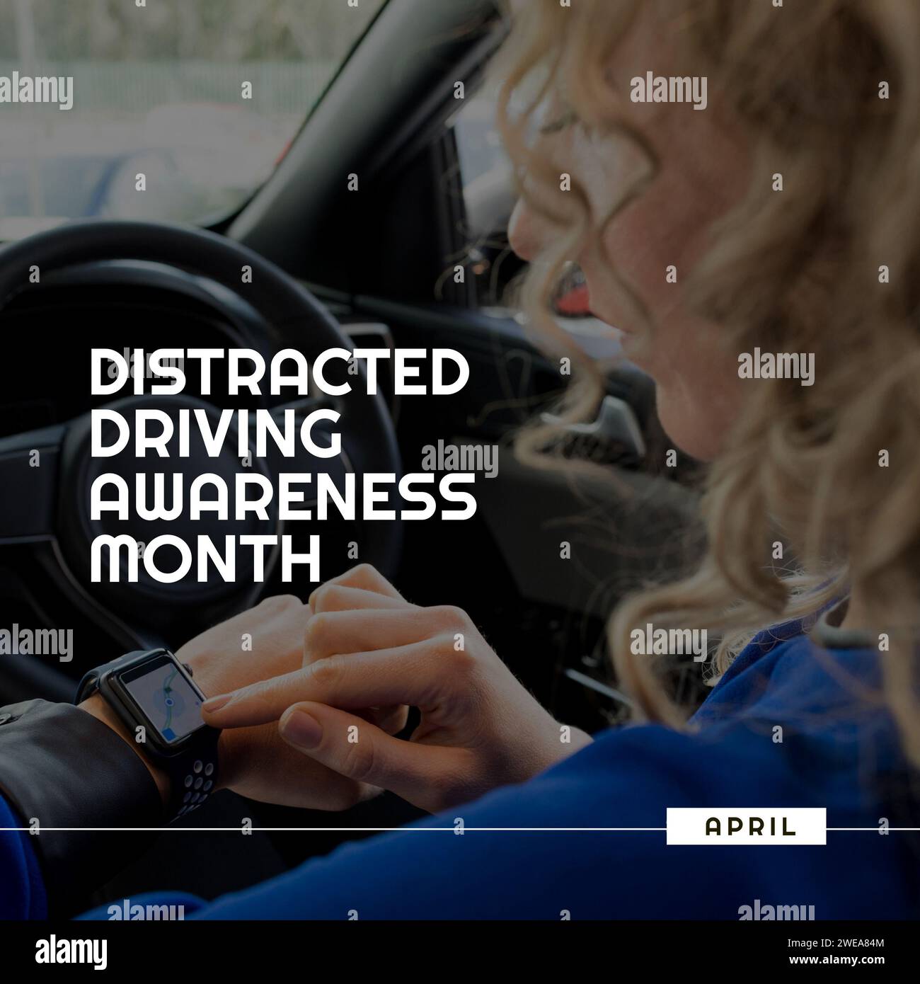 Composition of distracted driving awareness month text over caucasian ...