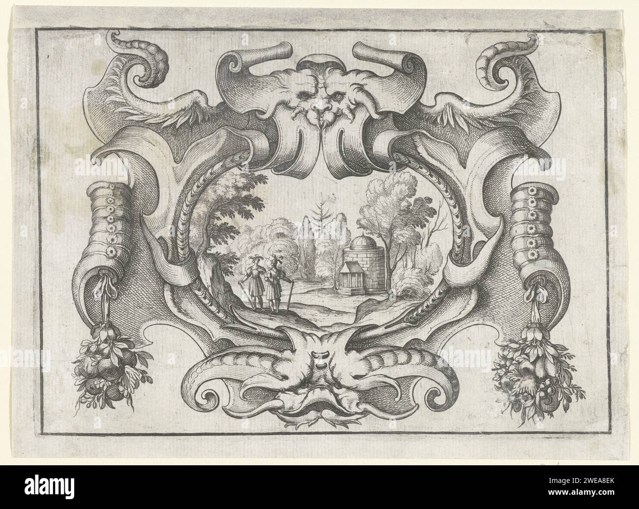 Cartouche with two monster heads and garlands, Daniel Rabel, 1634 print ...