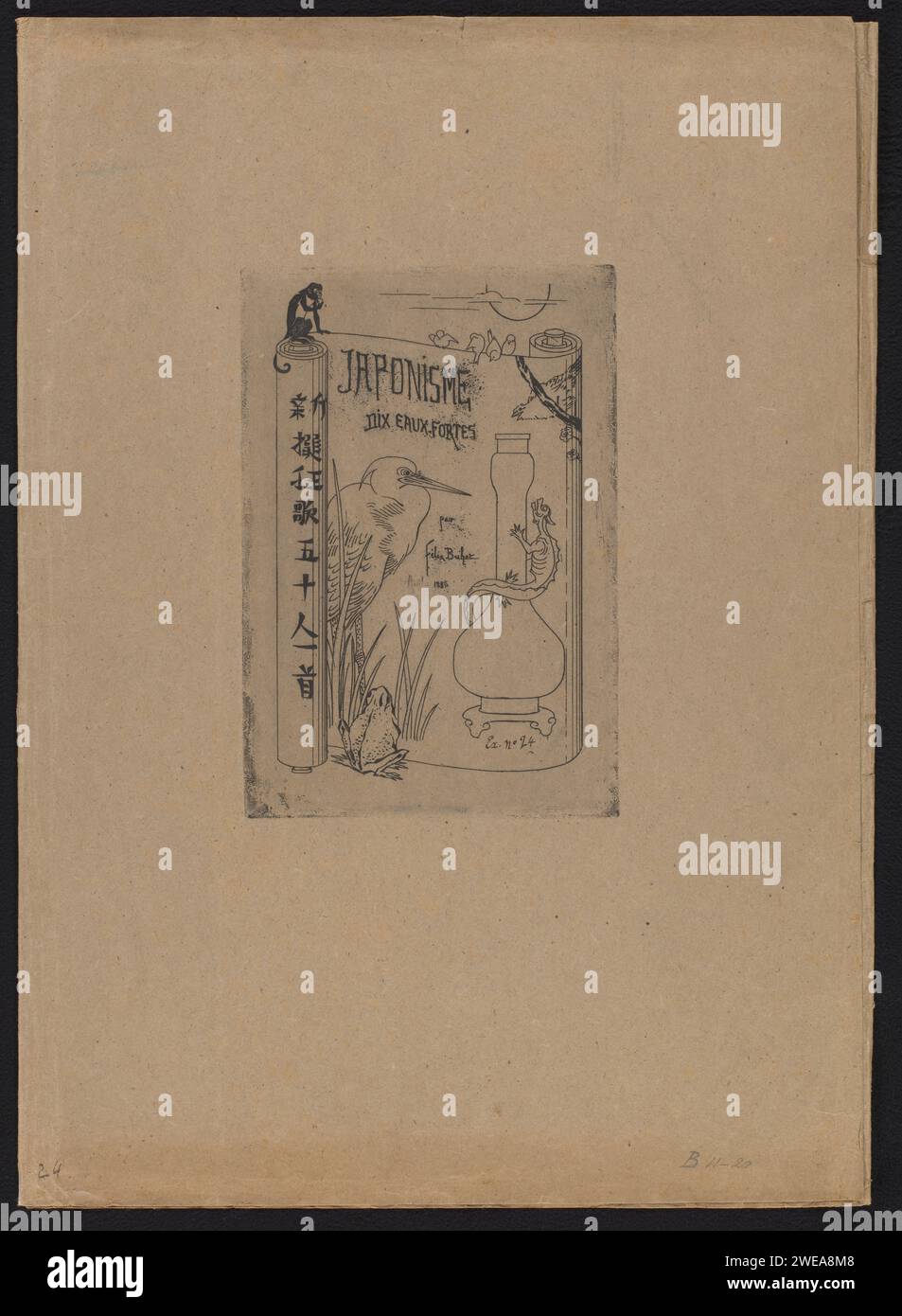 Scroll with a crane, vase with lizard and frog, Félix Hilaire Buhot ...