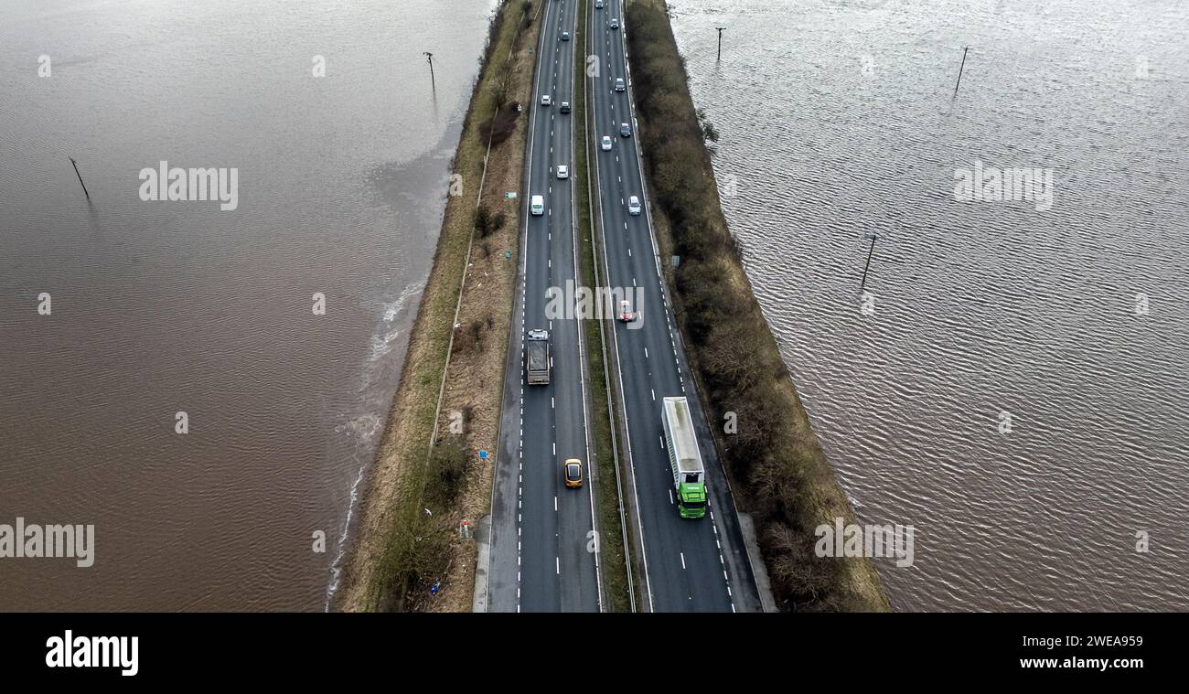 Floodwater surrounds a section of the A64 near Tadcaster. Storm Jocelyn ...