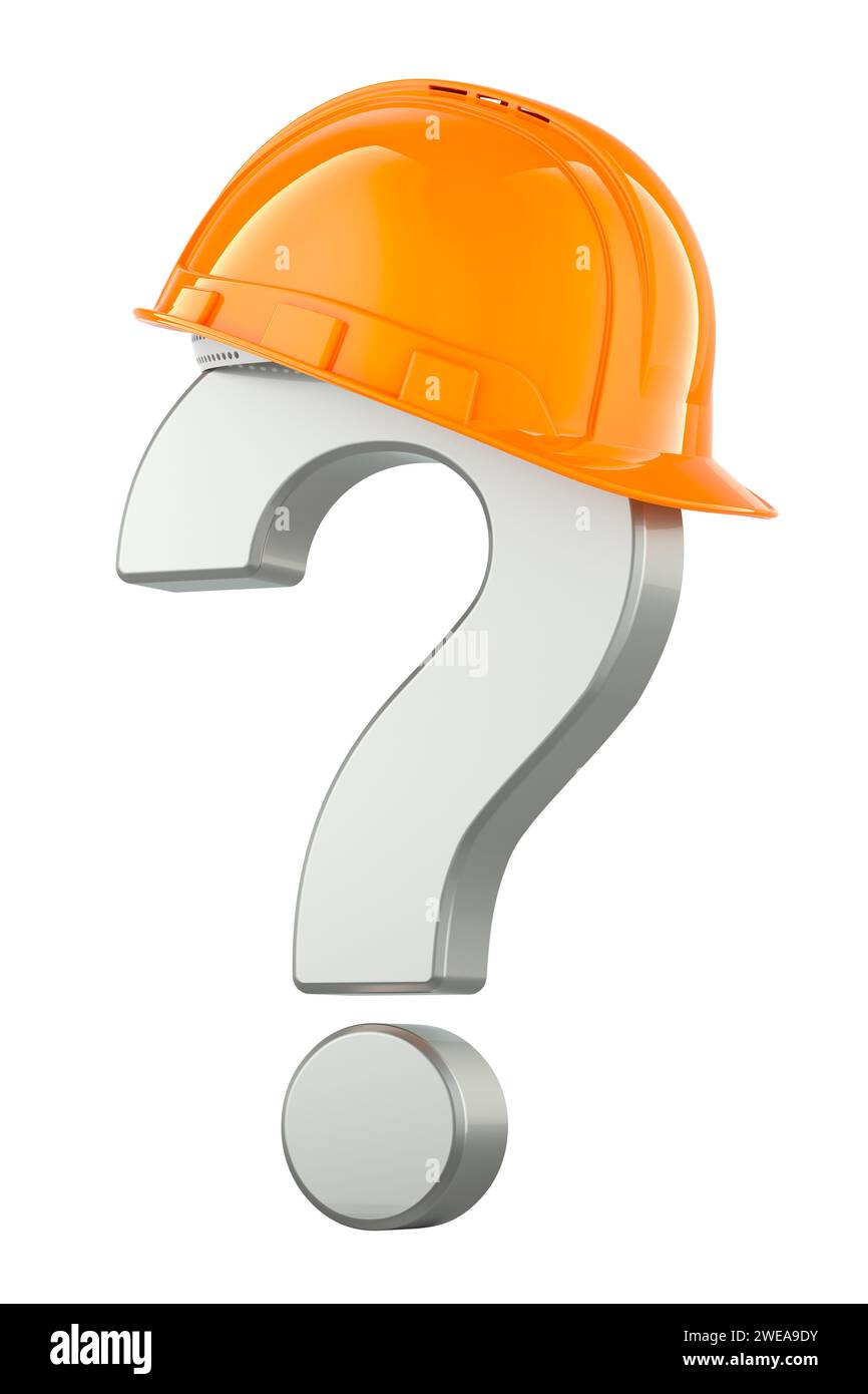 Question mark with orange hard hat, 3D rendering isolated on white ...