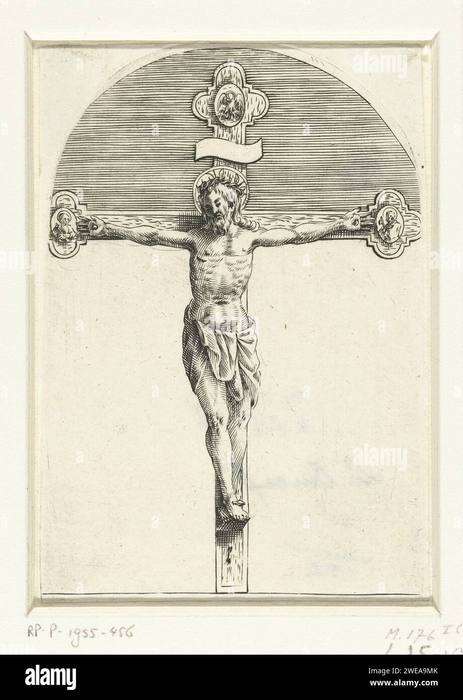 Kruisiging, Jacques Callot, 1608 - 1611 print Christ on the cross; In his right hand an image of ...
