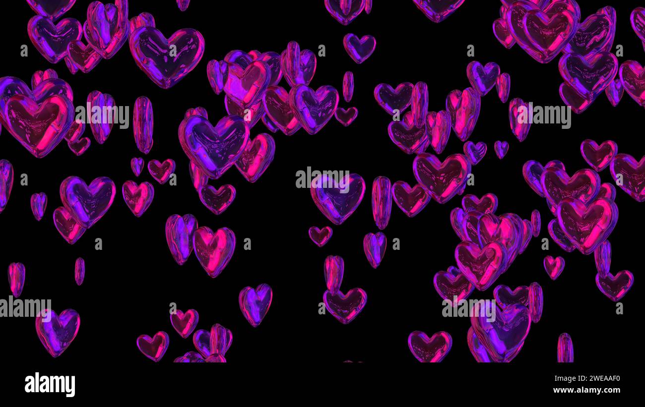 Heart diamonds falling and spinning on black background with light ...