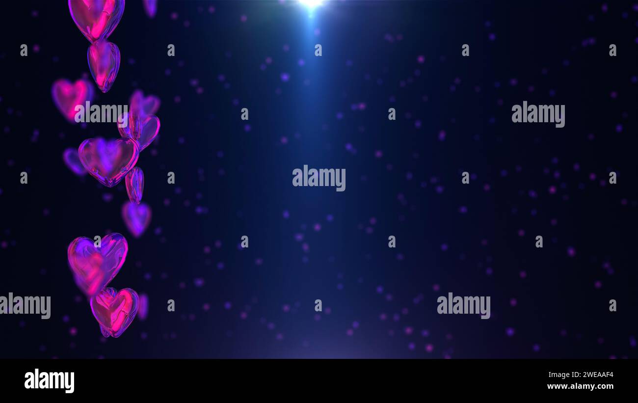 Heart diamonds falling and spinning on black background with light ...