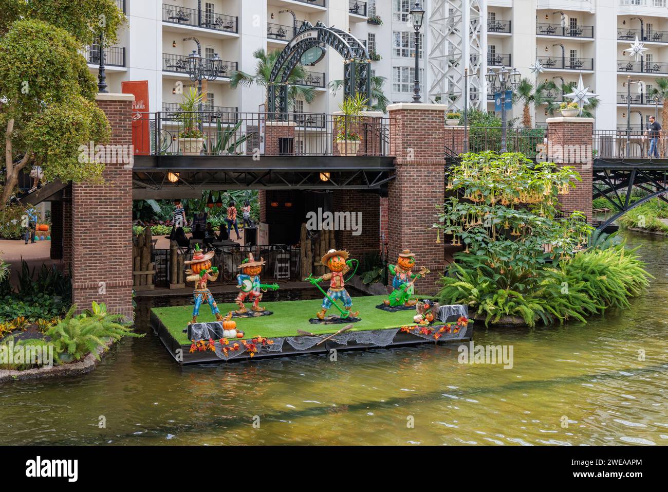 Platform decorated with Halloween characters alon the canal inside ...