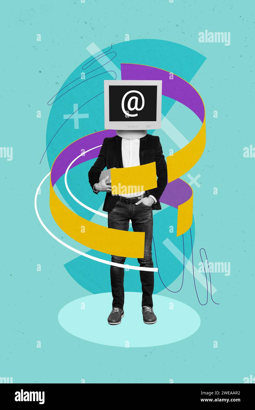 Composite collage image of computer monitor instead head man virtual ...