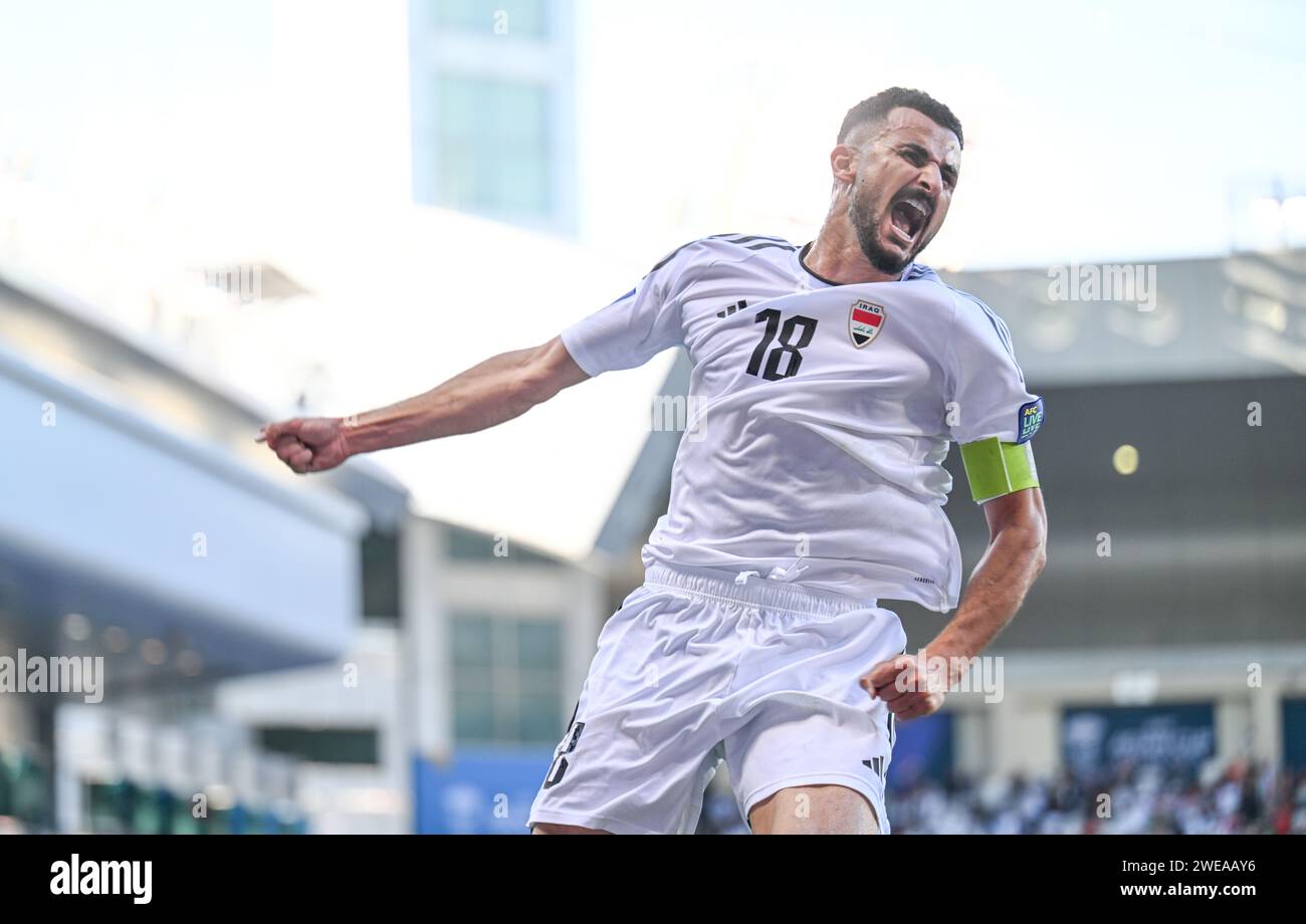 Doha. 24th Jan, 2024. Aymen Hussein of Iraq celebrates scoring during ...