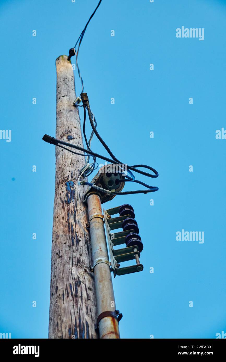 Aged Utility Pole and Power Lines Against Blue Sky, Ohio Stock Photo ...