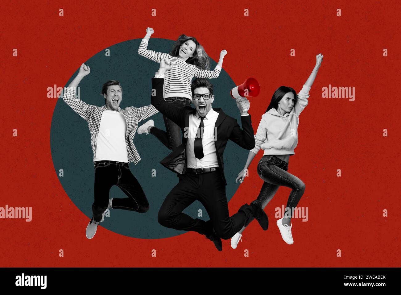 Photo collage young group colleagues workers announce proclaim rights ...