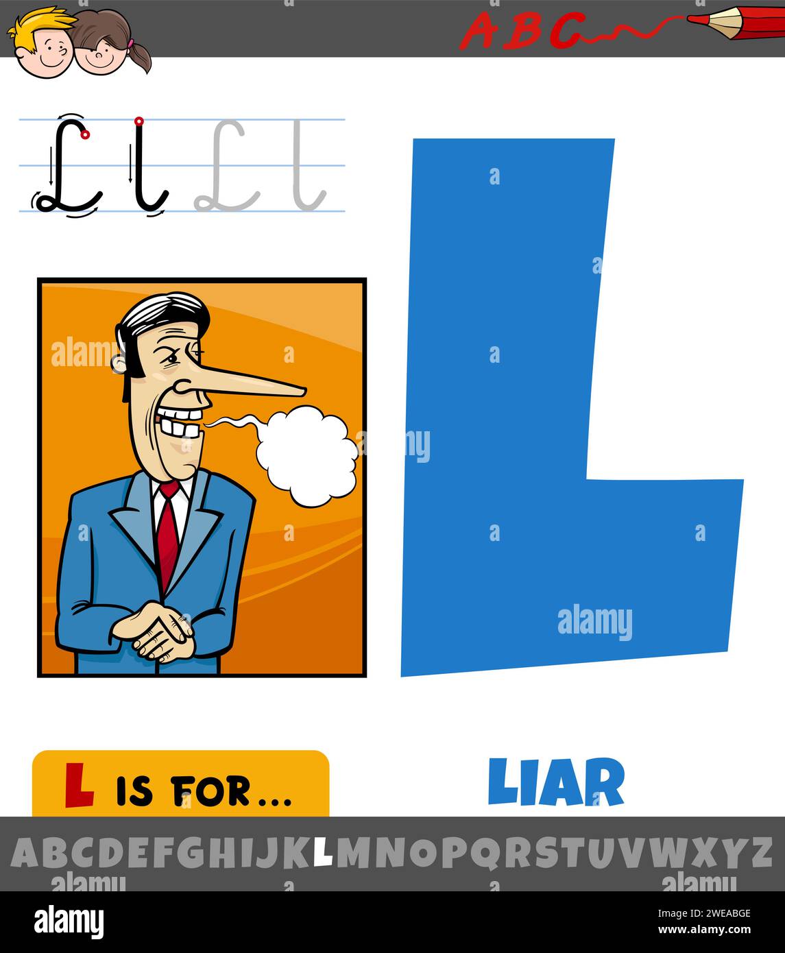Educational cartoon illustration of letter L from alphabet with liar ...
