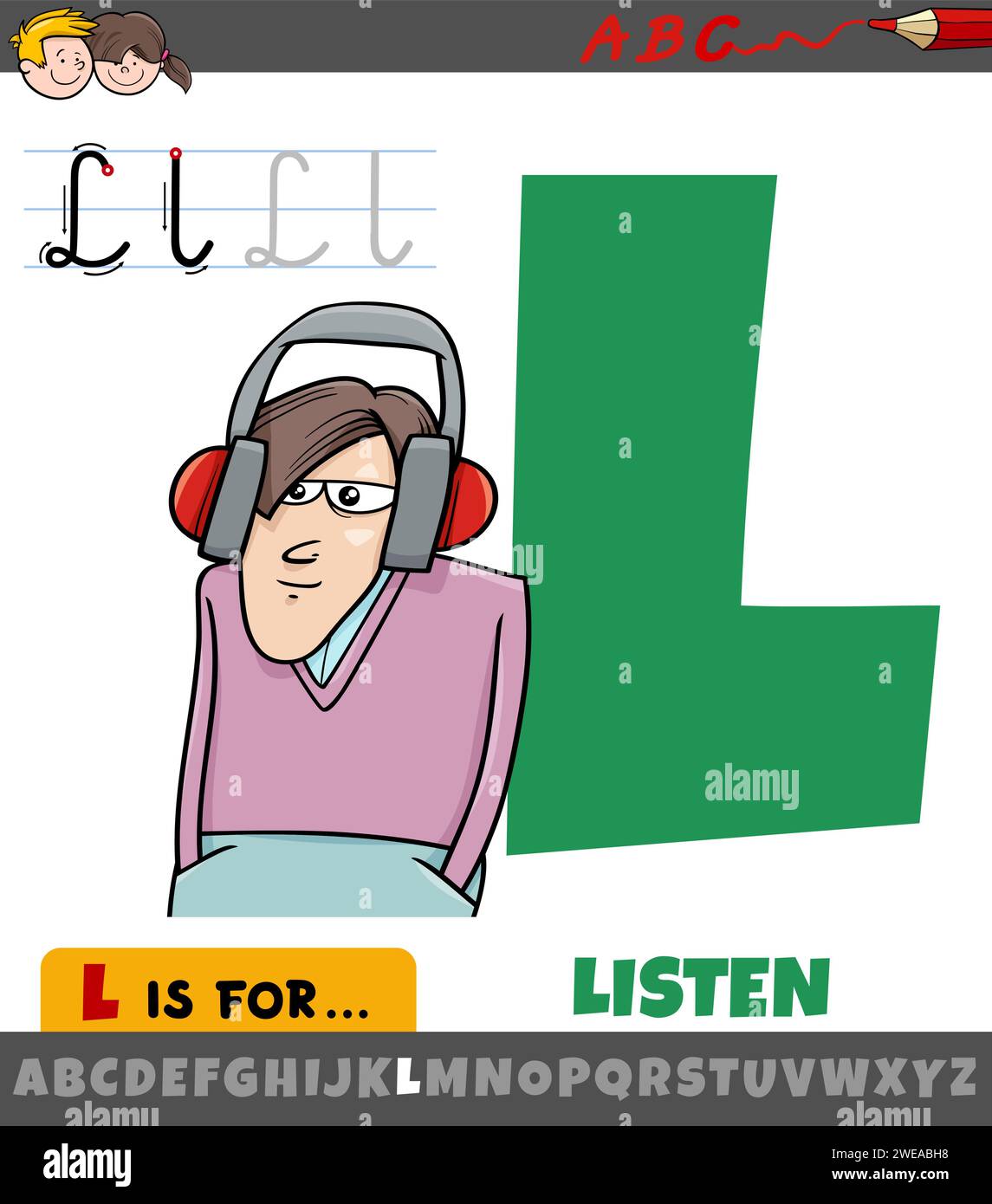 Educational cartoon illustration of letter L from alphabet with listen ...