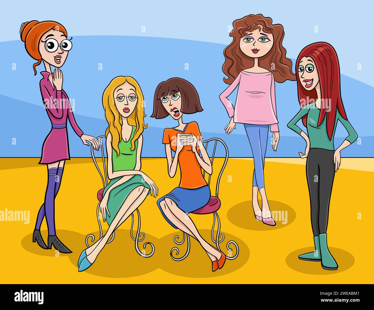 Cartoon illustration of funny young women comic characters group Stock ...