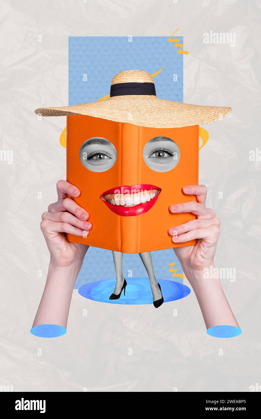 Composite collage image of funny female face book hands holds straw ...