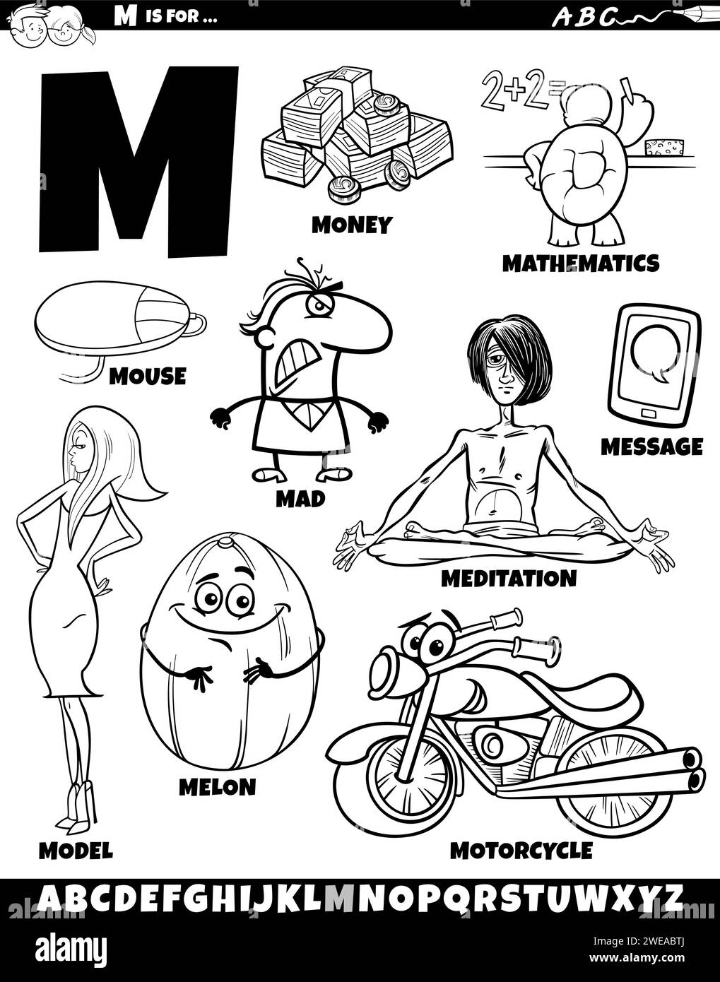 Cartoon illustration of objects and characters set for letter M ...