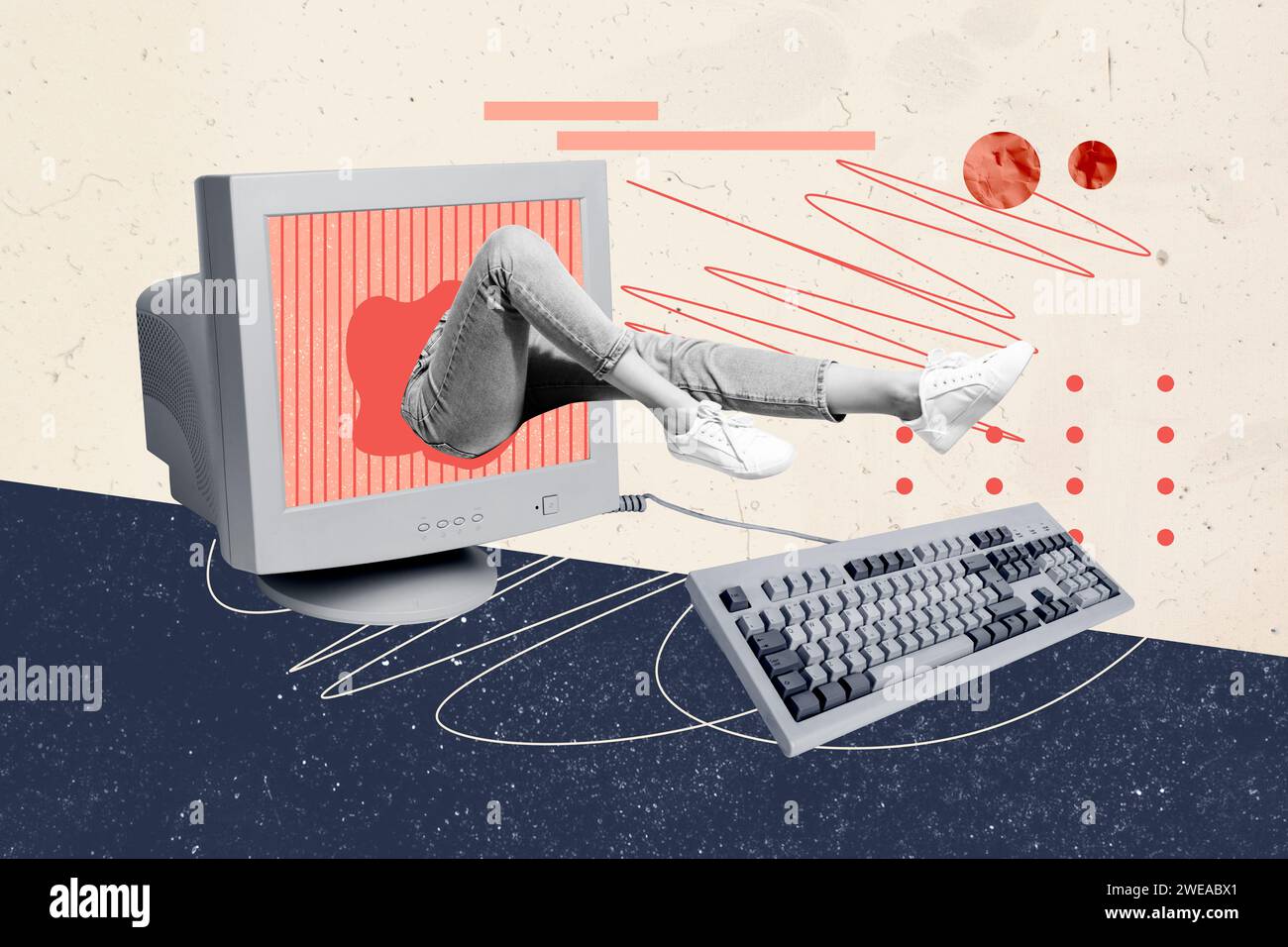 Abstract collage of female legs inside computer display with keyboard ...