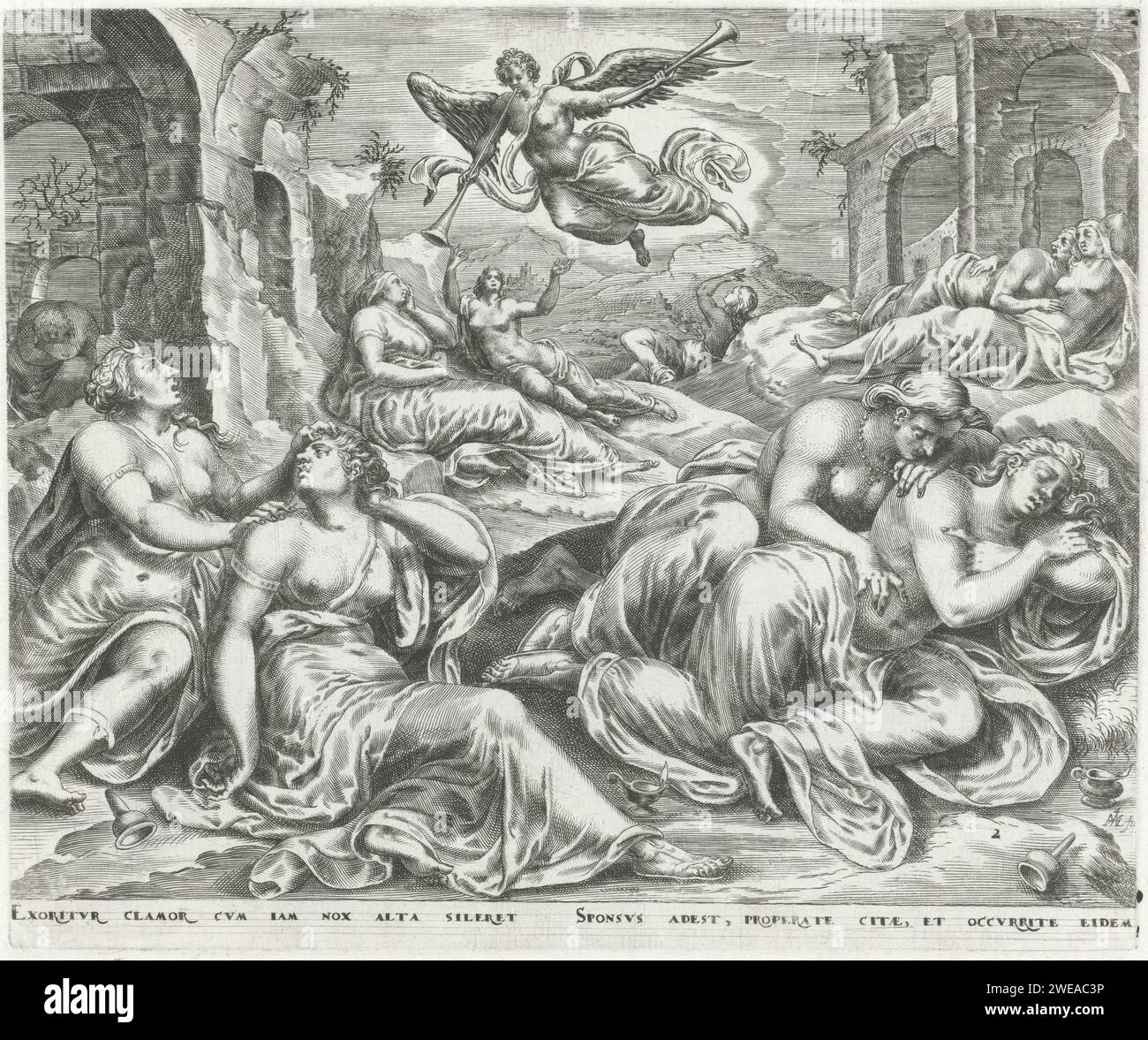 Wise and foolish virgins awakened by an angel, Harmen Jansz Muller ...