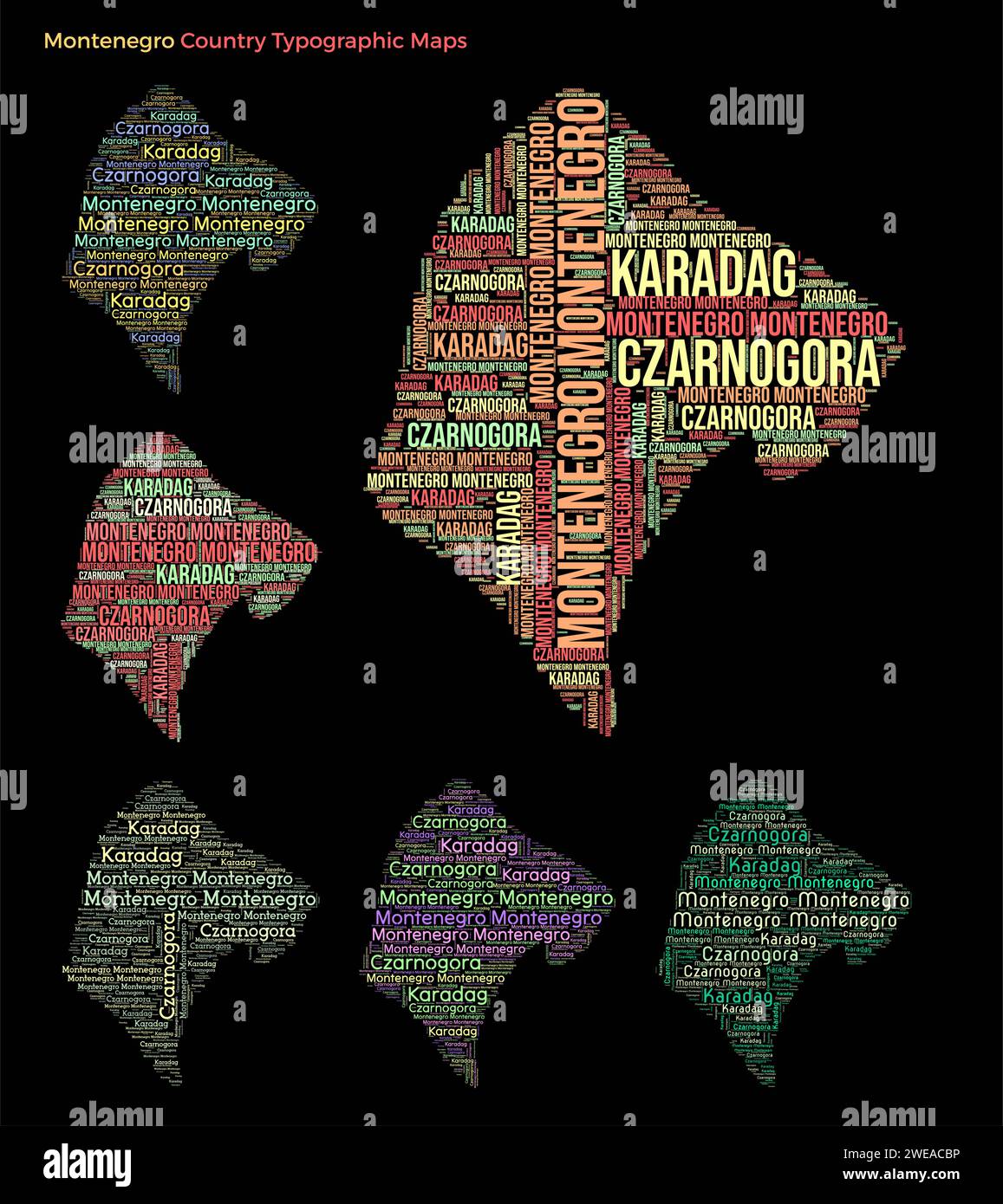 Montenegro. Set of typography style country illustrations. Montenegro ...