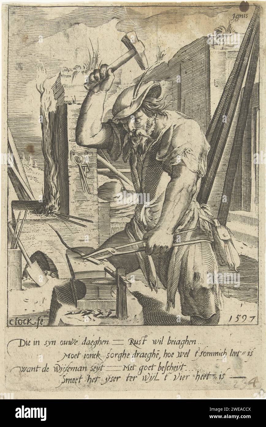Vuur, Nicolaes Jansz. Clock, 1597 print A blacksmith at work in his ...
