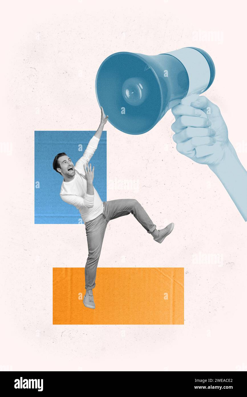 Vertical creative collage poster young scared man struggle noise ...