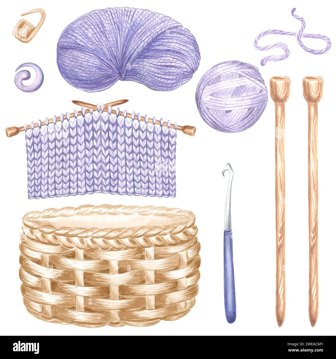 Knitted fabric sample purple, skein and tangle of thread, knitting ...