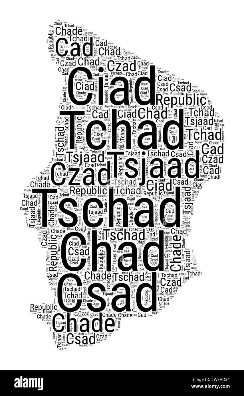 Black and white word cloud in Chad shape. Simple typography style ...