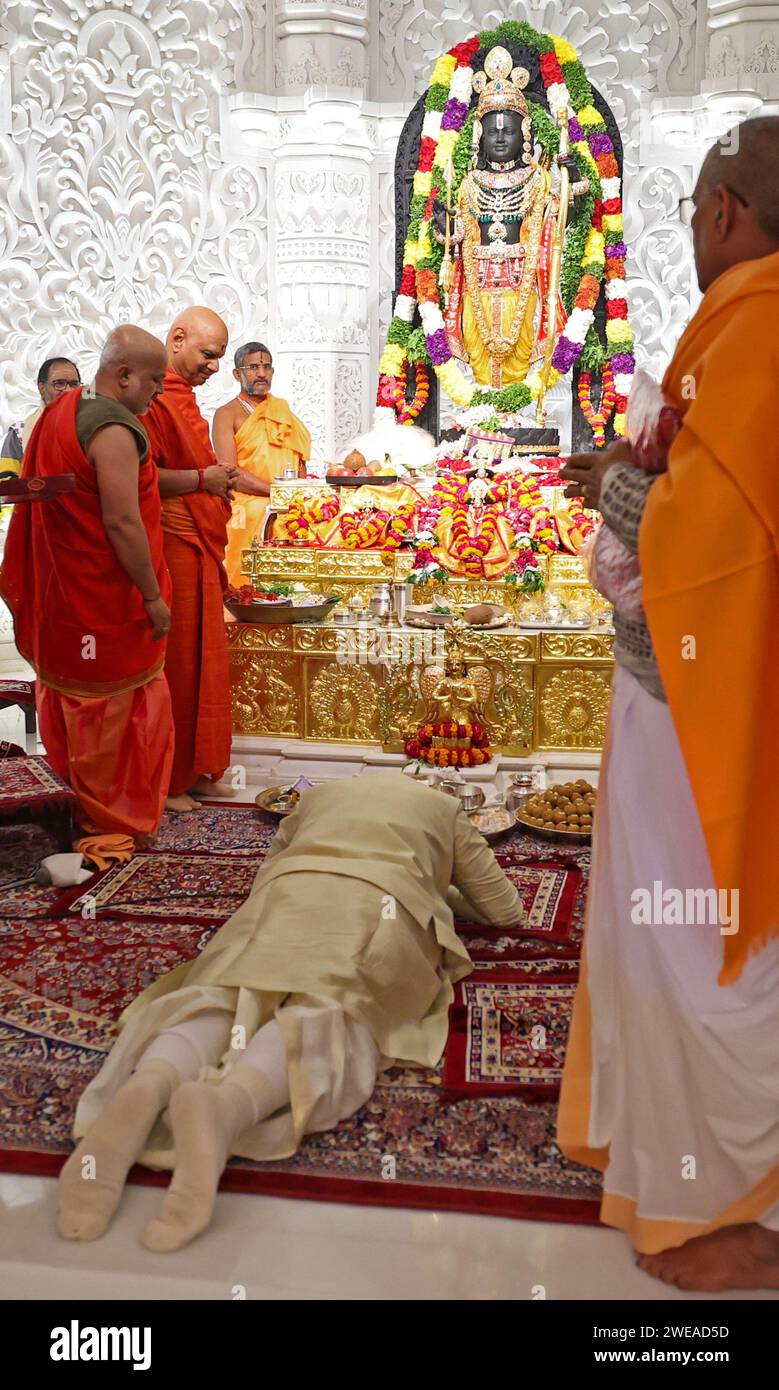 Ayodhya, Jan 22 (ANI): Prime Minister Narendra Modi offers prayers to Lord Ram during the 'Pran ...
