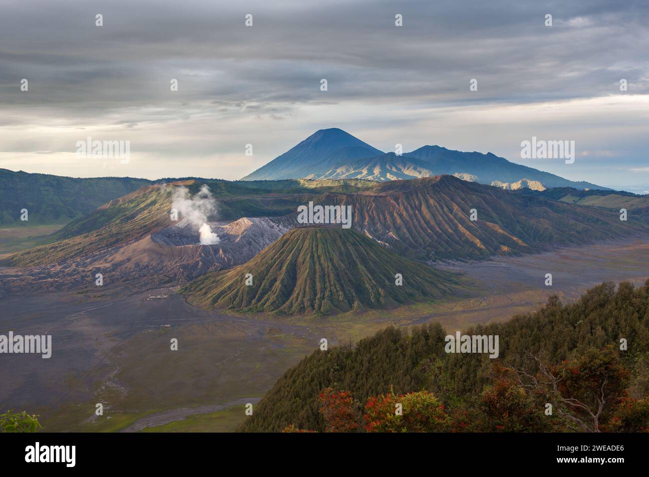 Mount Bromo volcano (Gunung Bromo) during cloudy sunrise from viewpoint ...