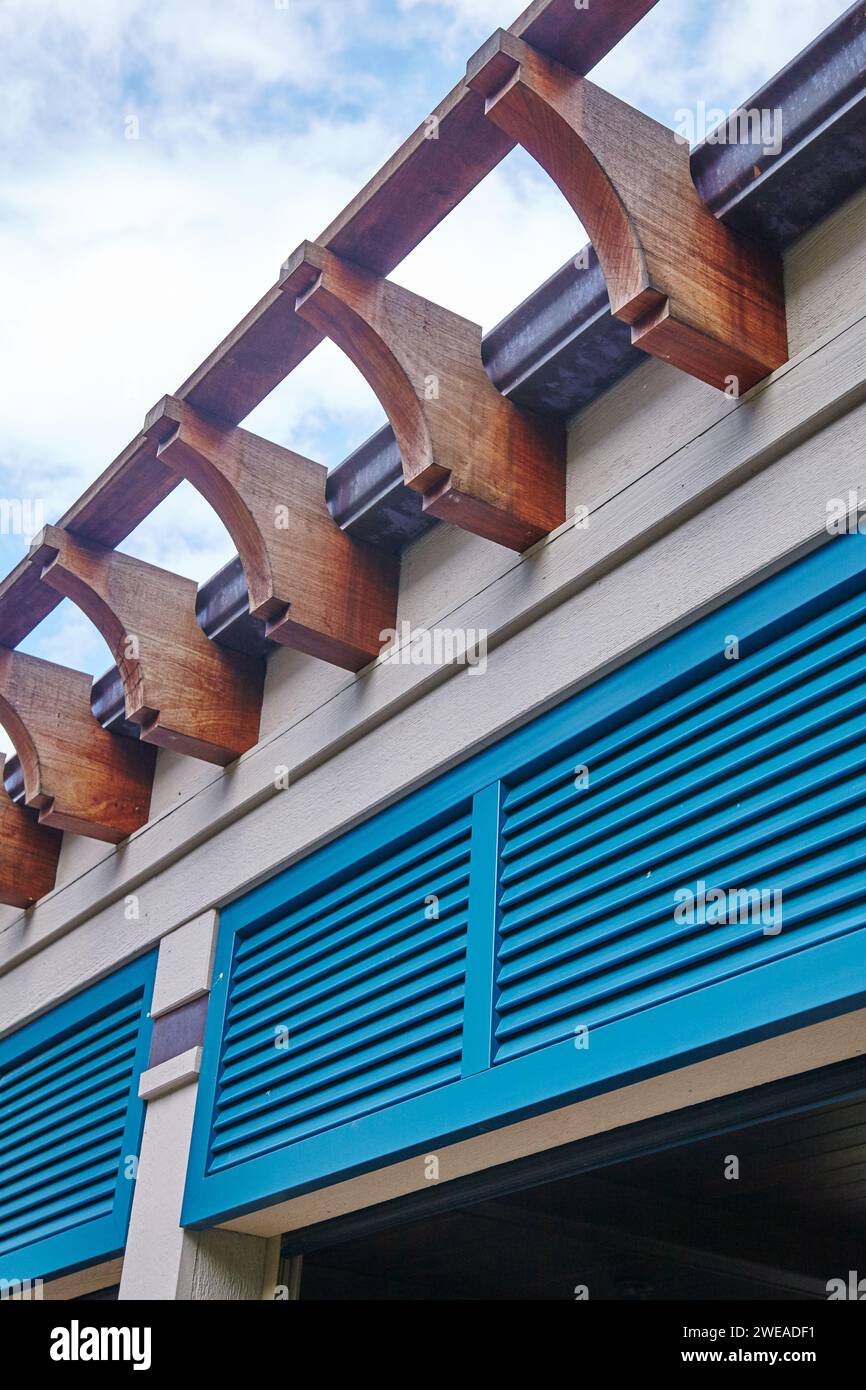 Craftsman Style Wood Beams and Blue Shutters Detail Stock Photo - Alamy