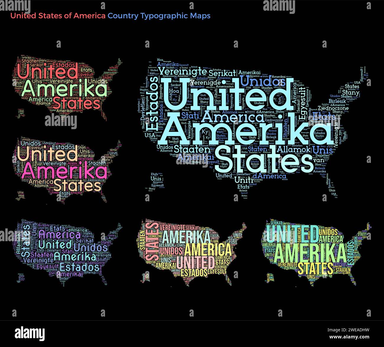 USA. Set of typography style country illustrations. USA map shape build ...