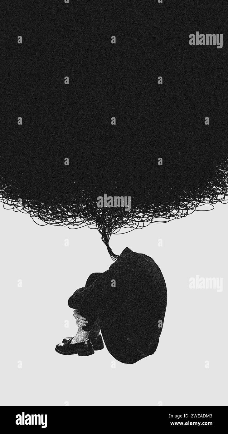 Person sitting in despair, suffering from negative tanged thoughts ...