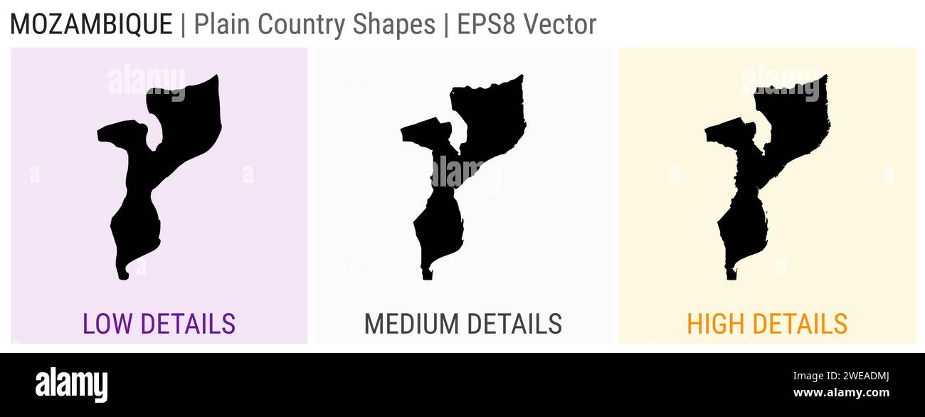 Mozambique - plain country shape. Low, medium and high detailed maps of Mozambique. EPS8 Vector ...