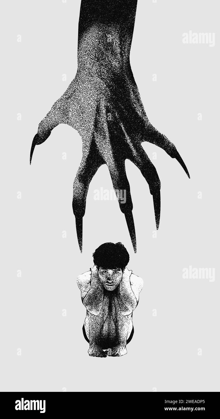 Terrifying hand reaching young guy sitting in fear. Manipulation of ...
