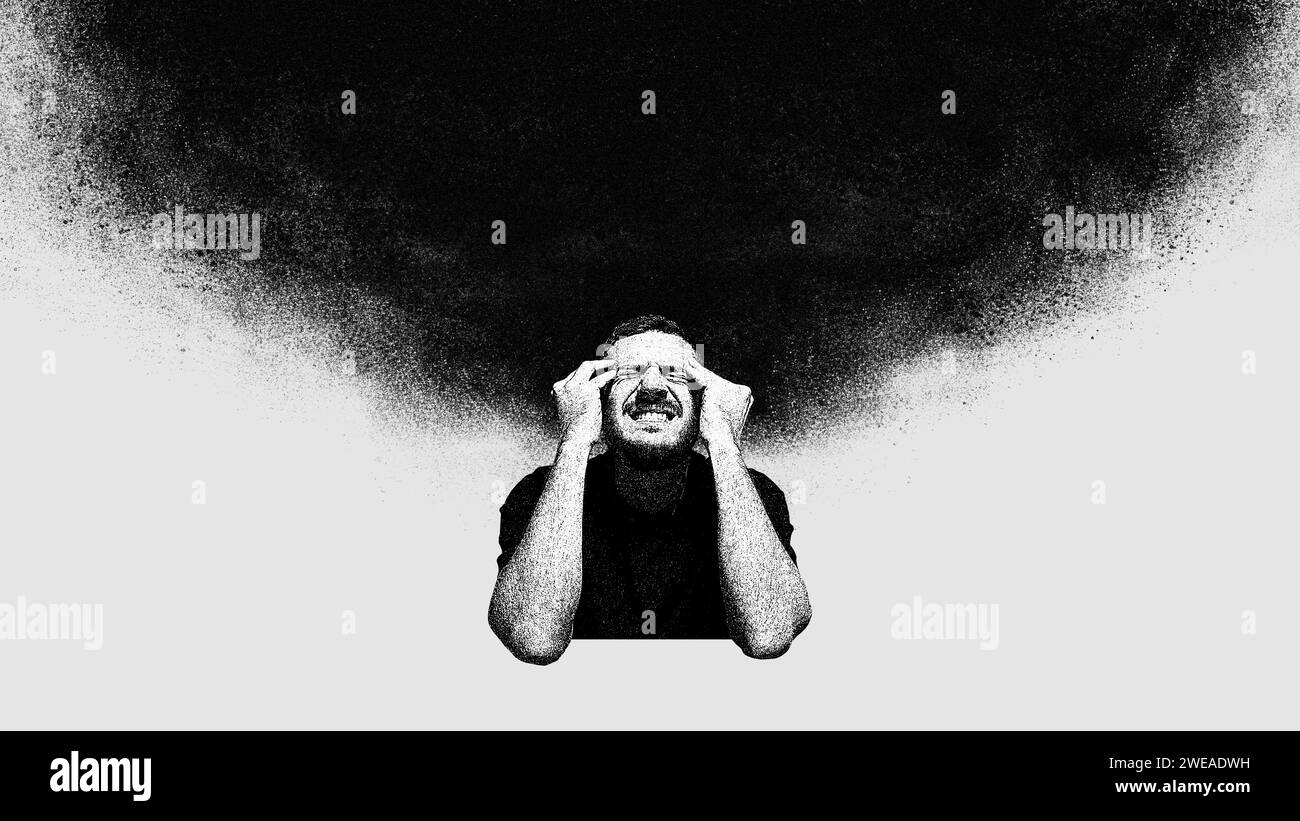 Man suffering from obsessive thoughts, creating darkness around him ...