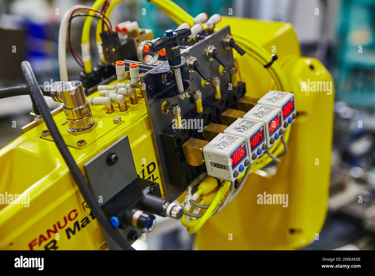 Precision Robotic Arm Control Detail in Industrial Setting Stock Photo ...