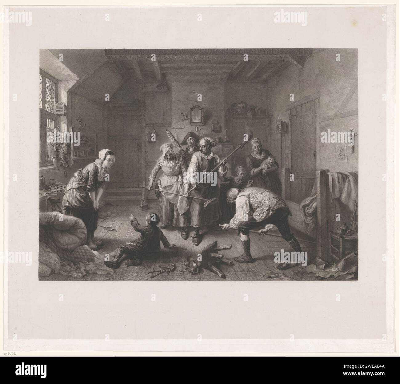 Hunting for a rat by a group of people in an interior, Jean -Baptiste ...