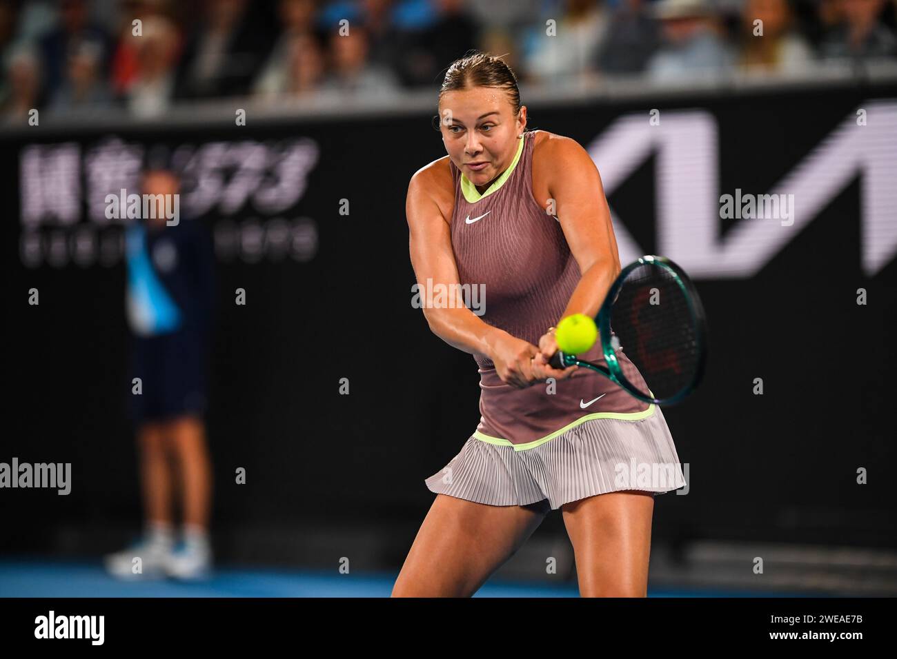 Amanda Anisimova of USA plays against Aryna Sabalenka of Belarus (not in picture) during Round 4 ...
