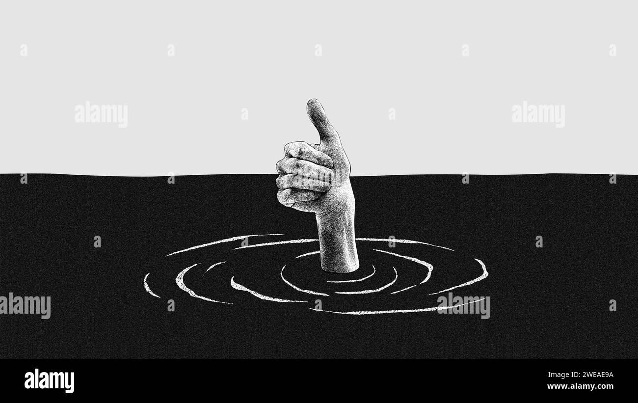 Human hand diving into black water and showing gesture of ok. Lying to ...