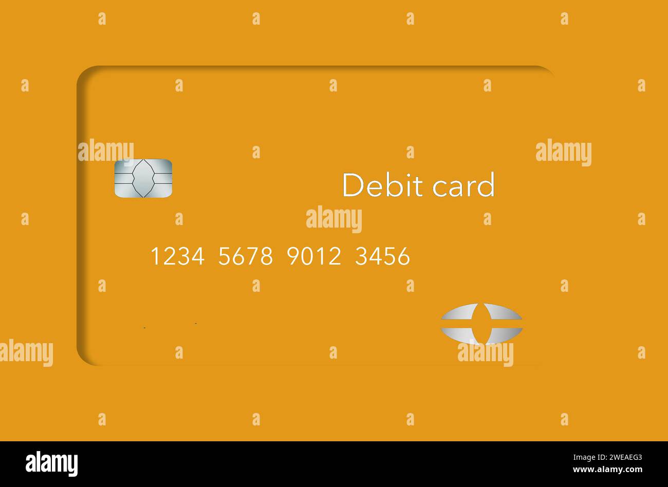 A debit card is seen in a graphic illustration that is colorful. It is ...